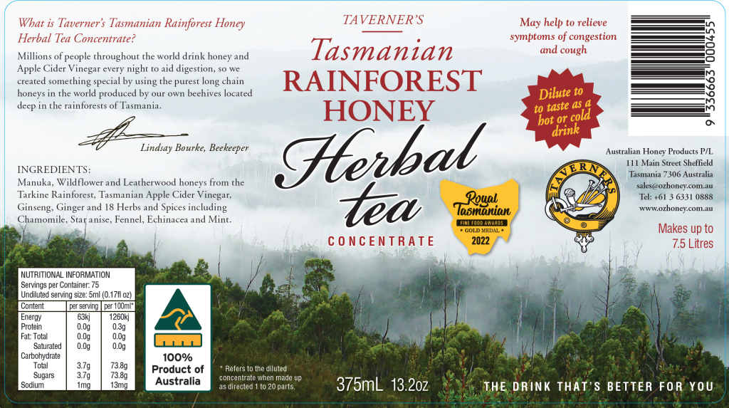 Tasmanian Rainforest Honey Herbal Tea 375ml - Australian Honey Products